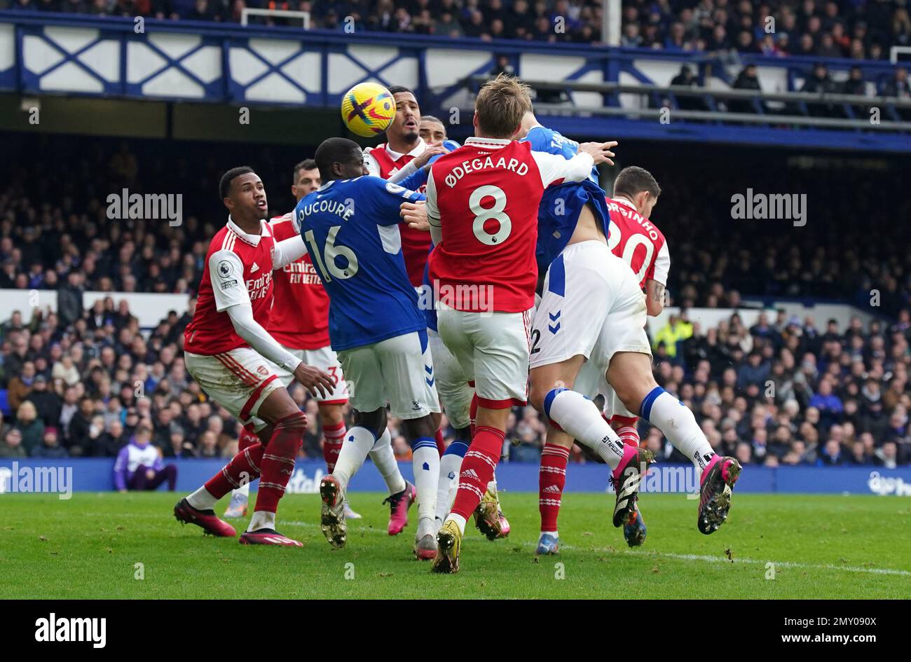 Everton's James Tarkowski (hidden) scoring the opening goal during the ...