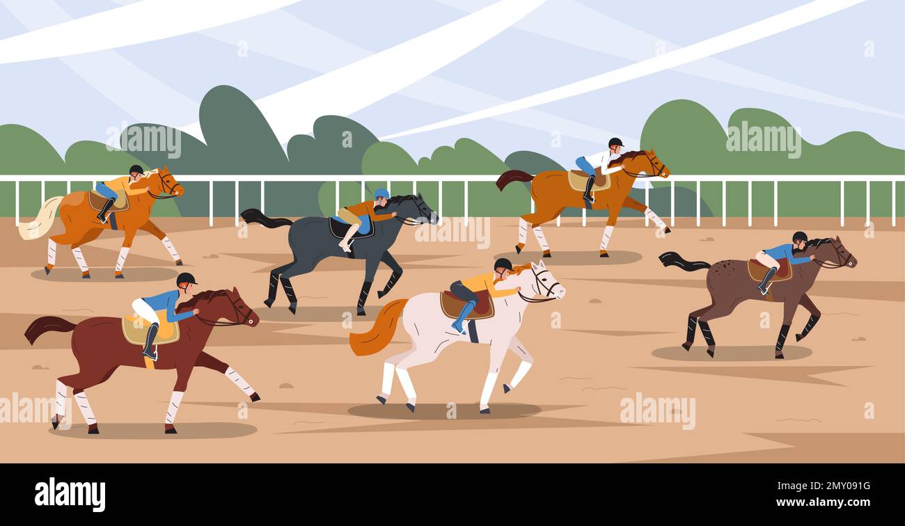 Horse sport competition scene flat composition with six jockeys vector ...