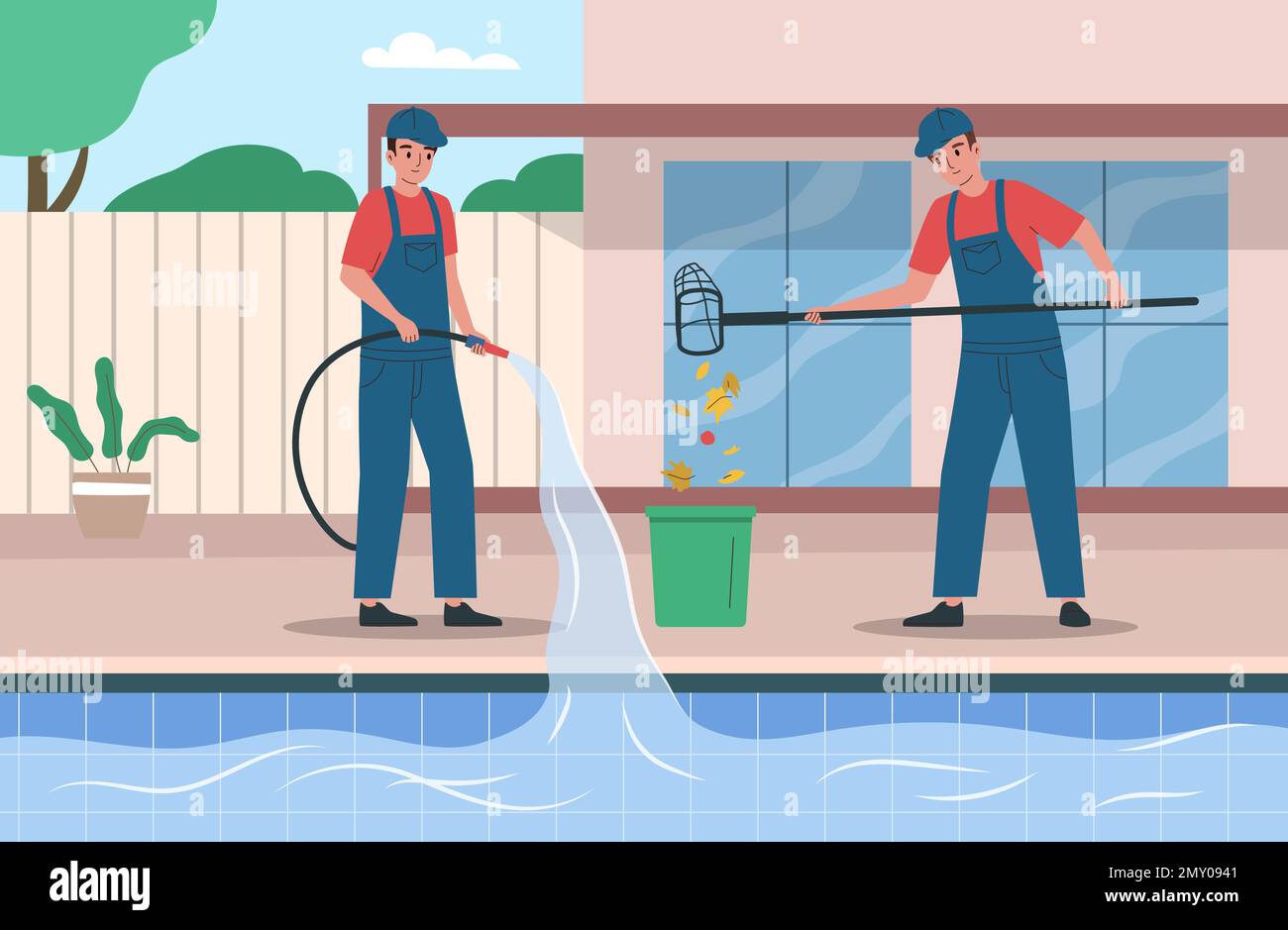 Two maintenance service workers removing leaves and cleaning swimming ...