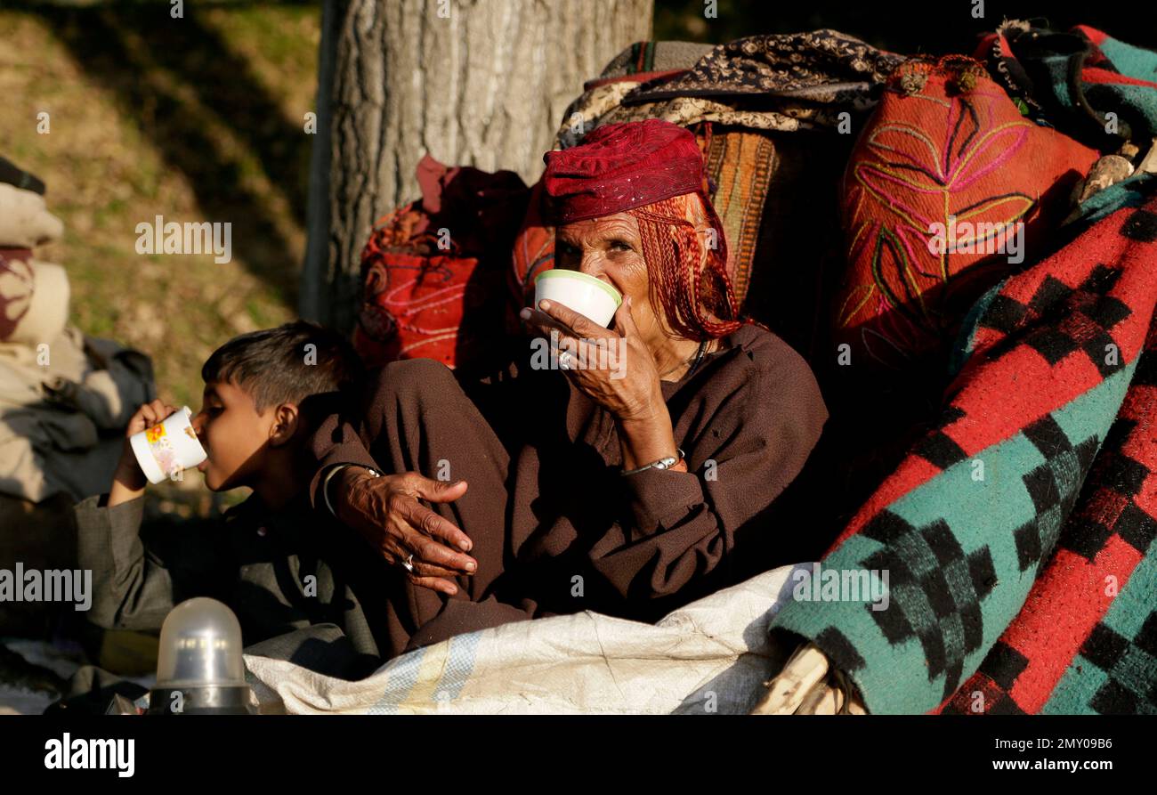 A Bakarwal nomadic woman and child drink salted tea on the outskirts of ...