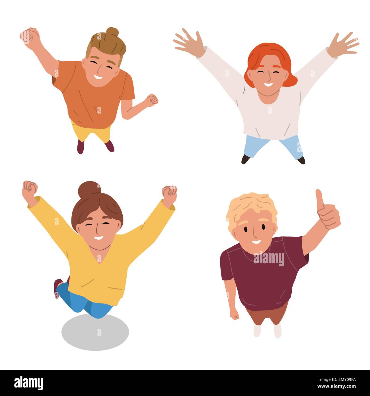 Happy people looking up jumping with joy top view flat isolated vector ...