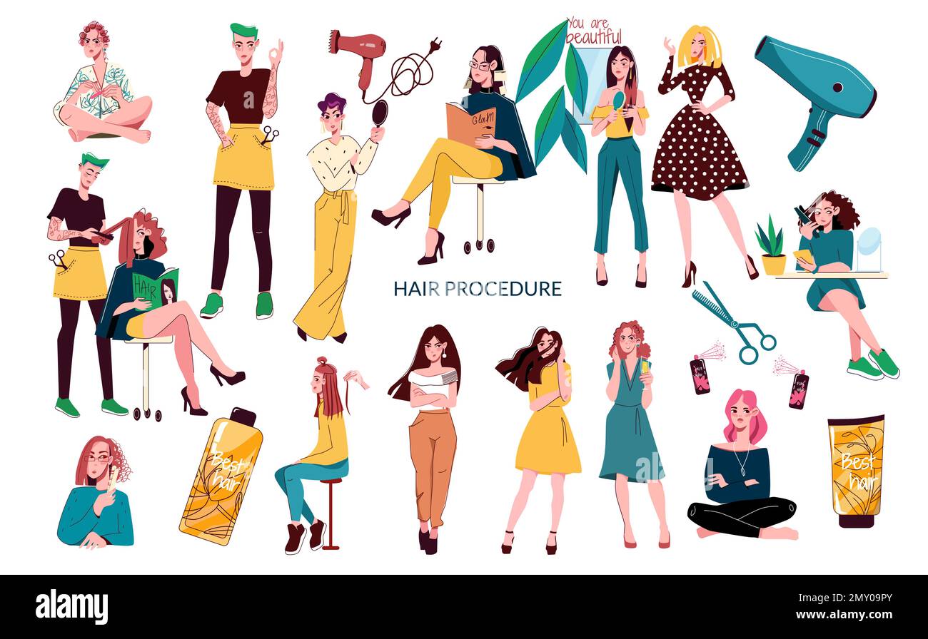 Hair procedure salon flat icon set hairdresser girls with different ...