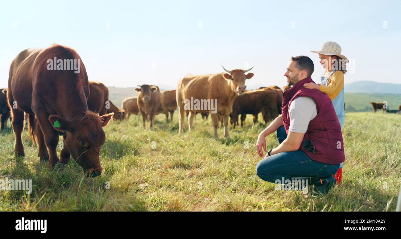 Farmer, family and girl and father bonding in the countryside, learning ...