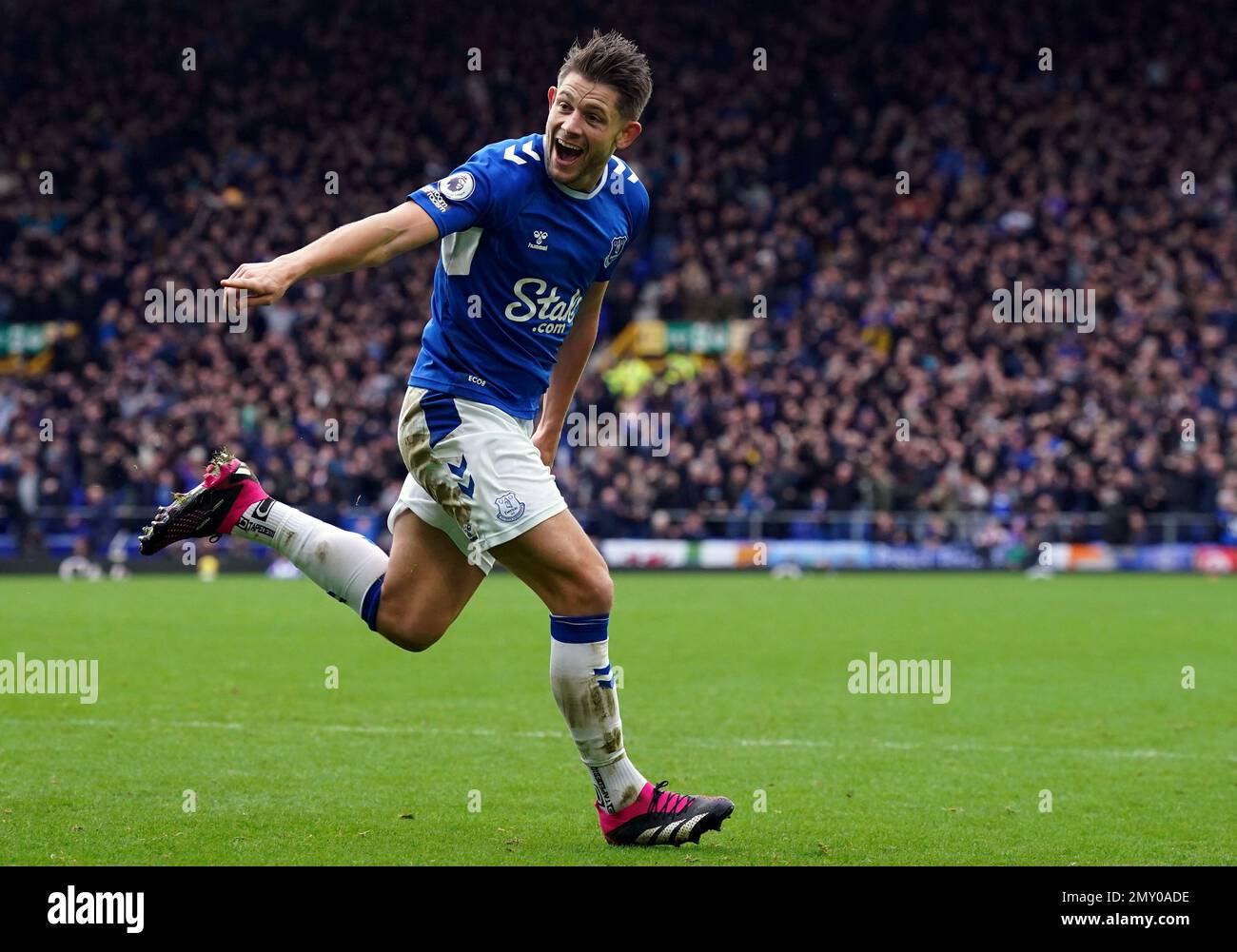 Everton's James Tarkowski celebrates scoring the opening goal during ...