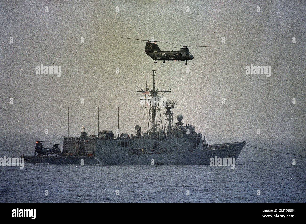 FILE - In this April 15, 1988 file photo, a U.S. Navy helicopter flies ...