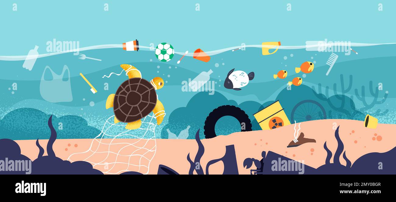 Water pollution flat concept with plastic waste floating underwater ...