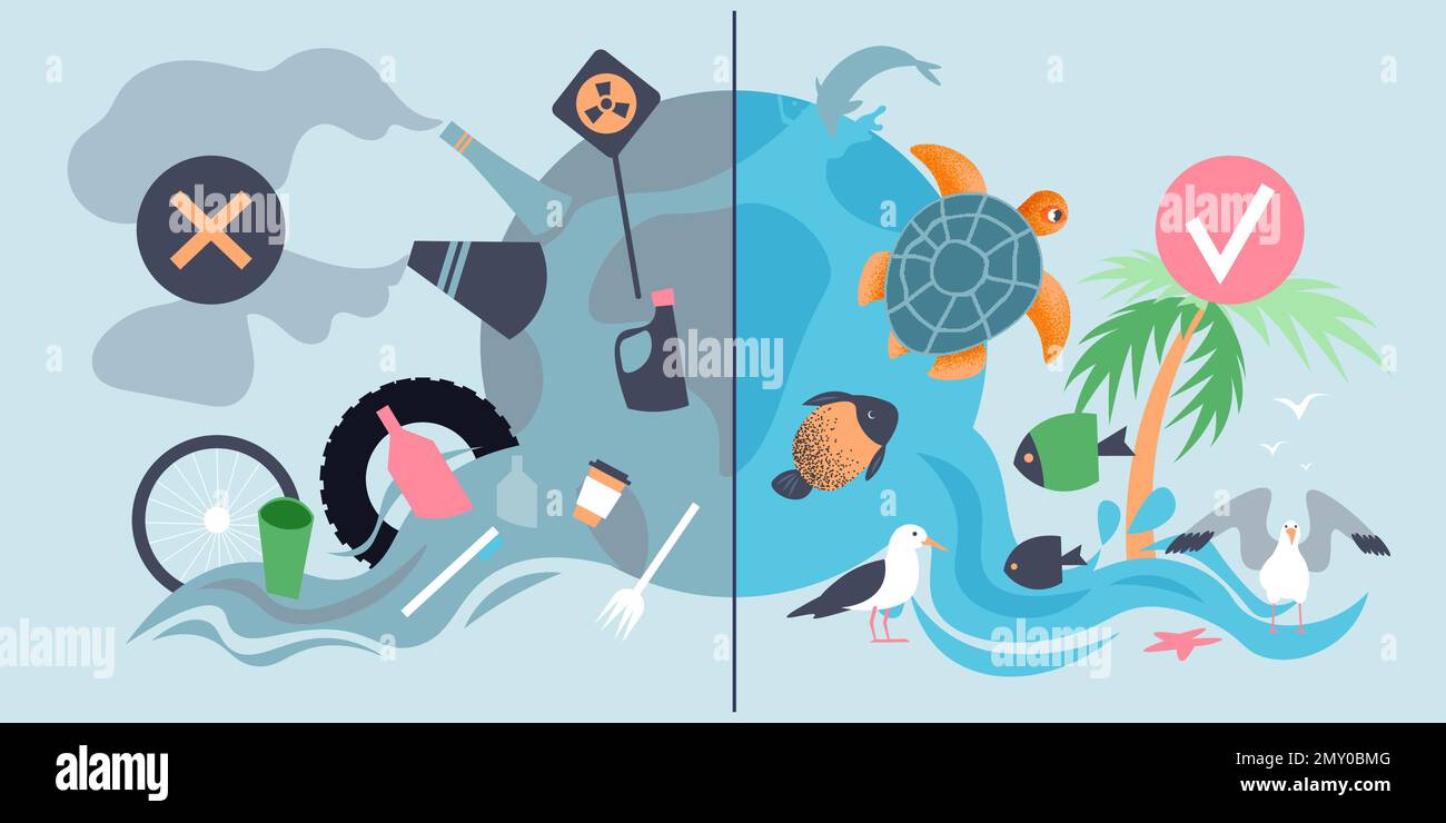 Water pollution flat concept with dirty polluted ocean and green clean ...