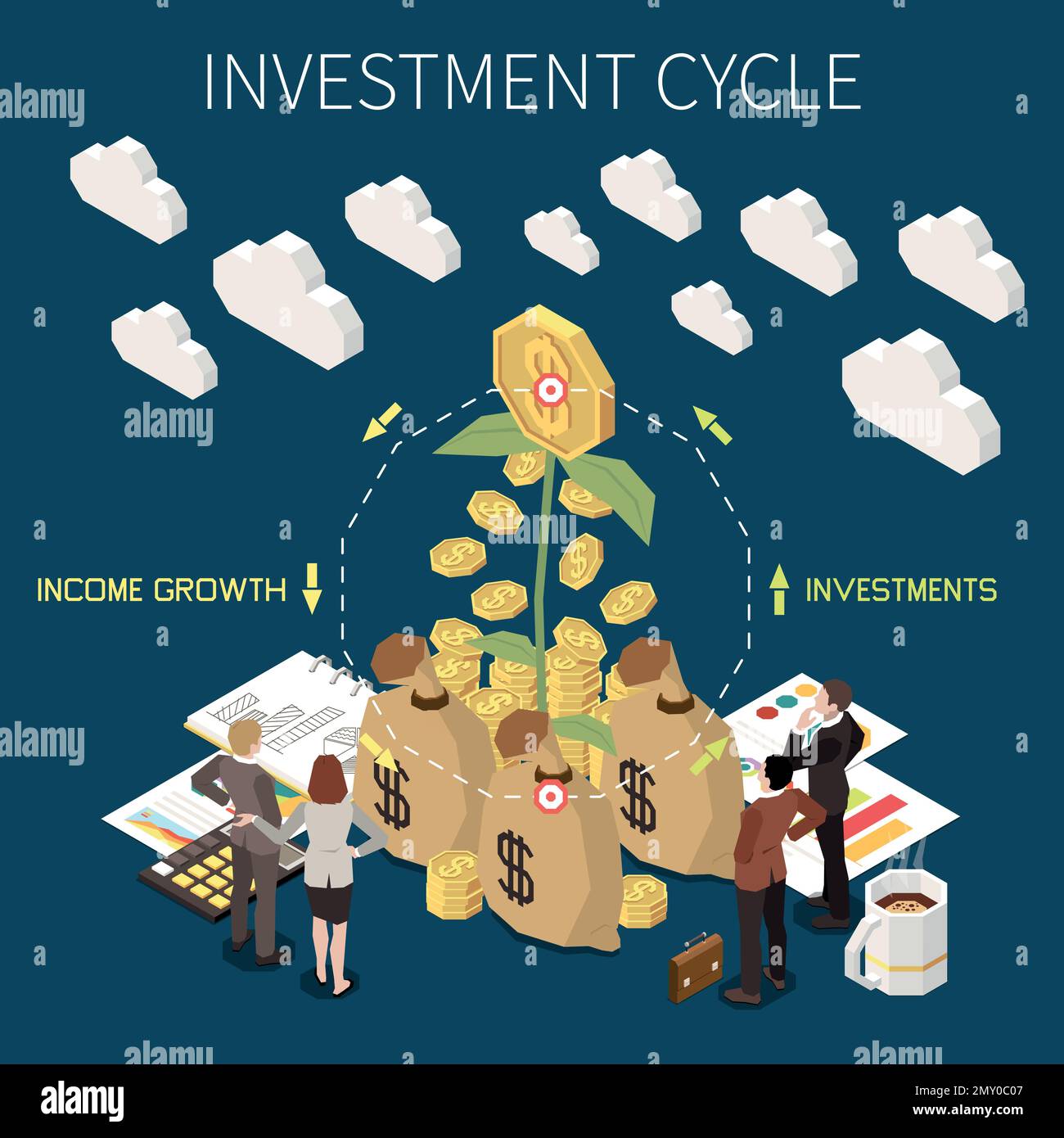 Crowdfunding and fundraising isometric concept with money investment ...