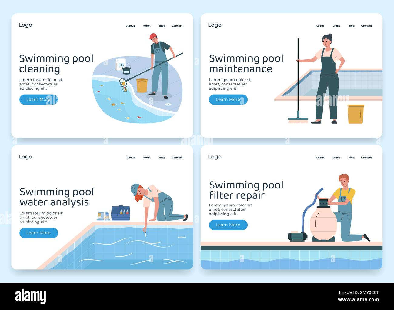 Swimming pool maintenance flat web site banners set with workers in ...