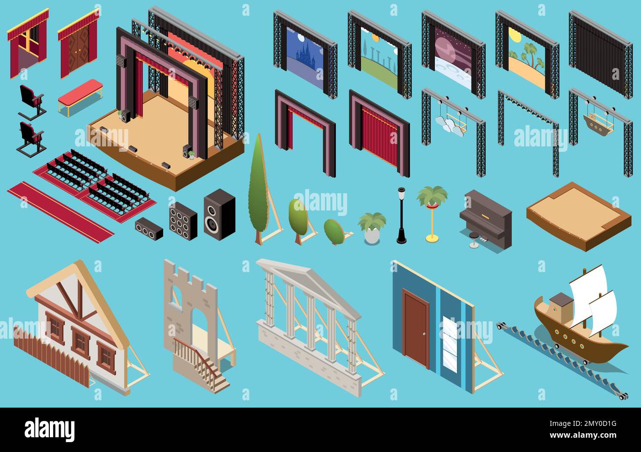 Theatre interior isometric icons set with elements of stage and scenery ...