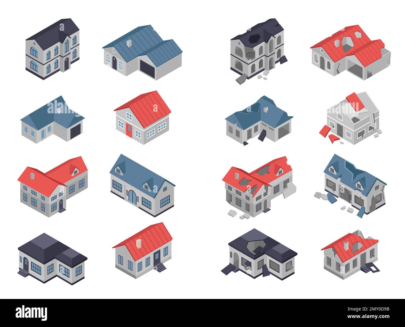 Isometric set of rustic and village buildings before and after ...