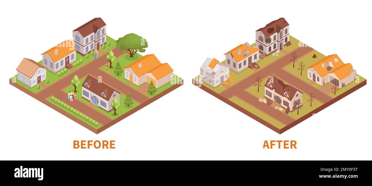 Settlement before and after catastrophe two isometric isolated ...