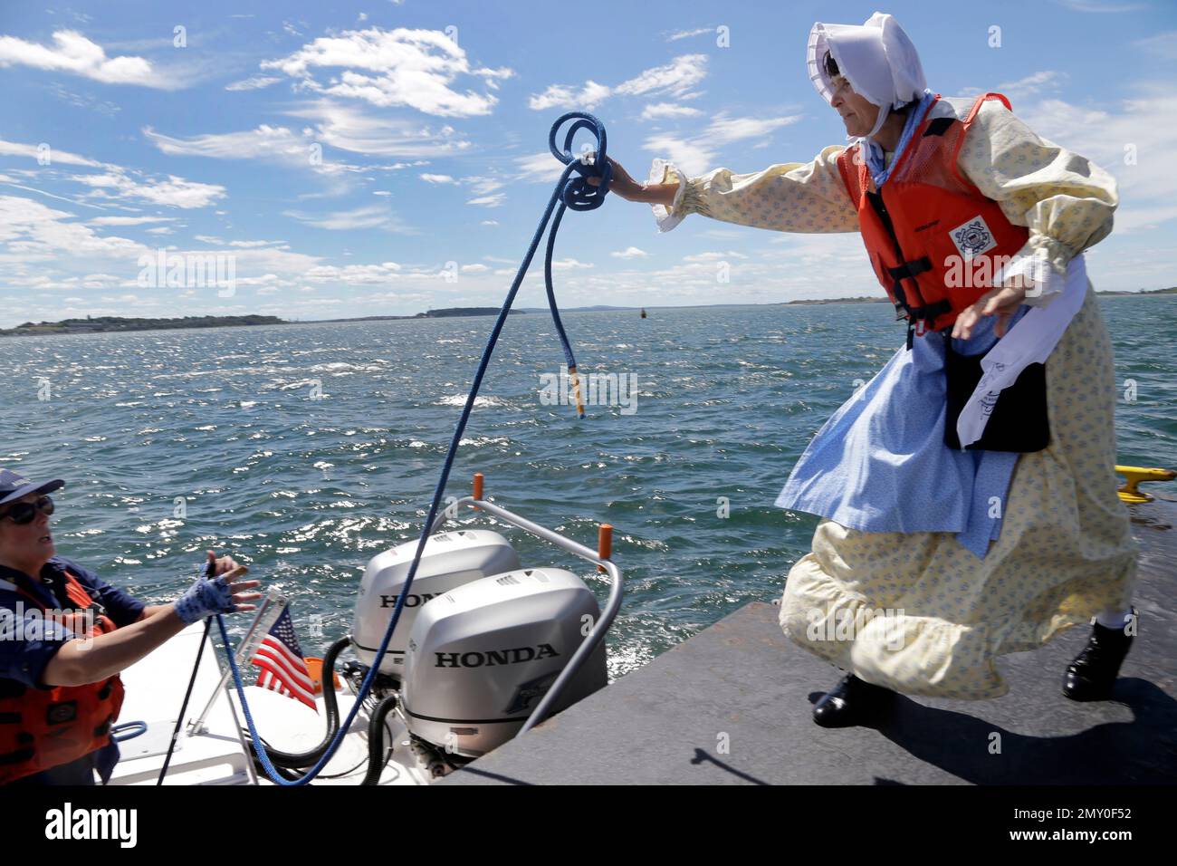 In this Aug. 17, 2016 photo, Sally Snowman, right, the keeper of Boston ...