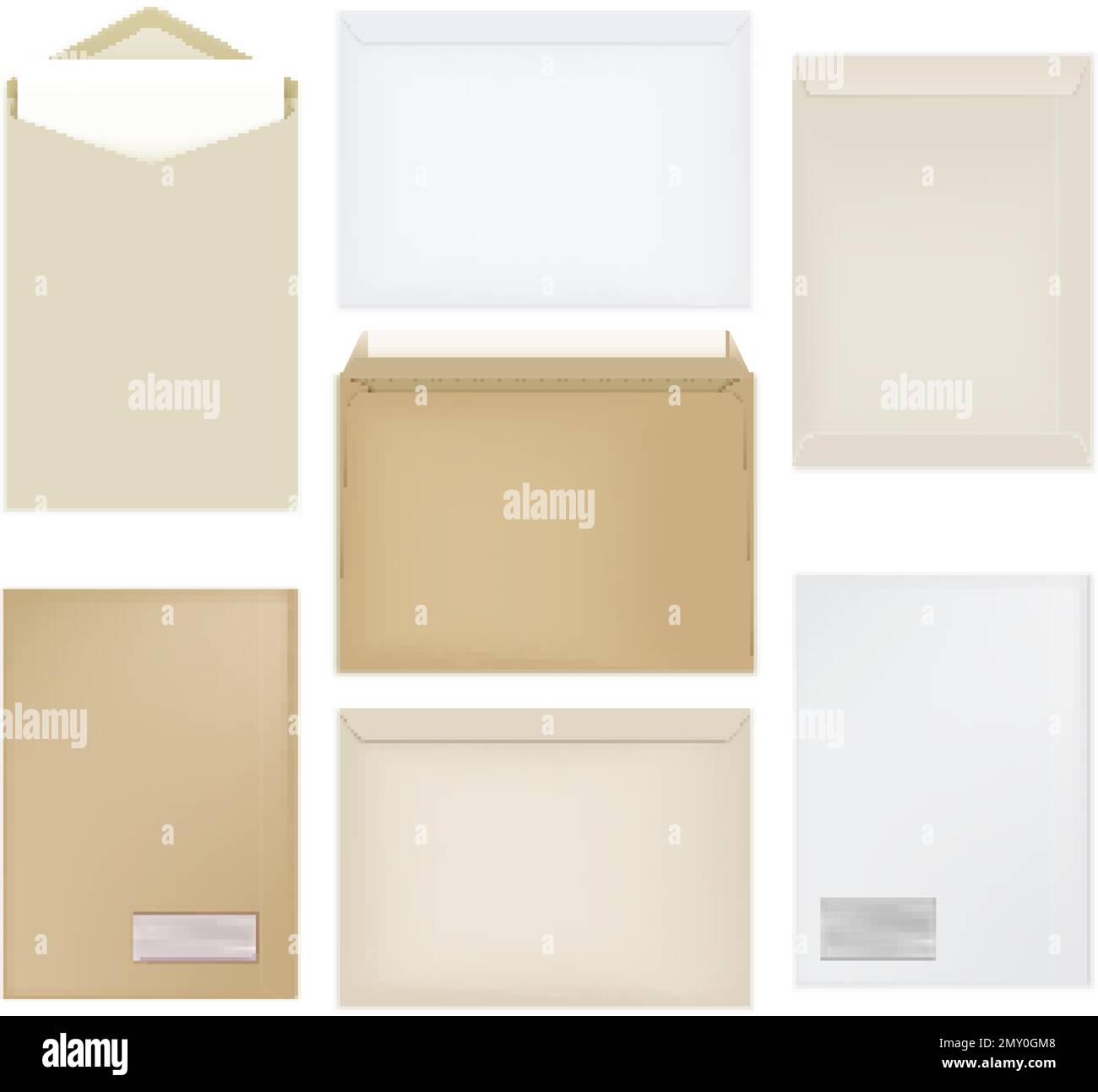Envelopes realistic set of white and brown paper items a4 format ...