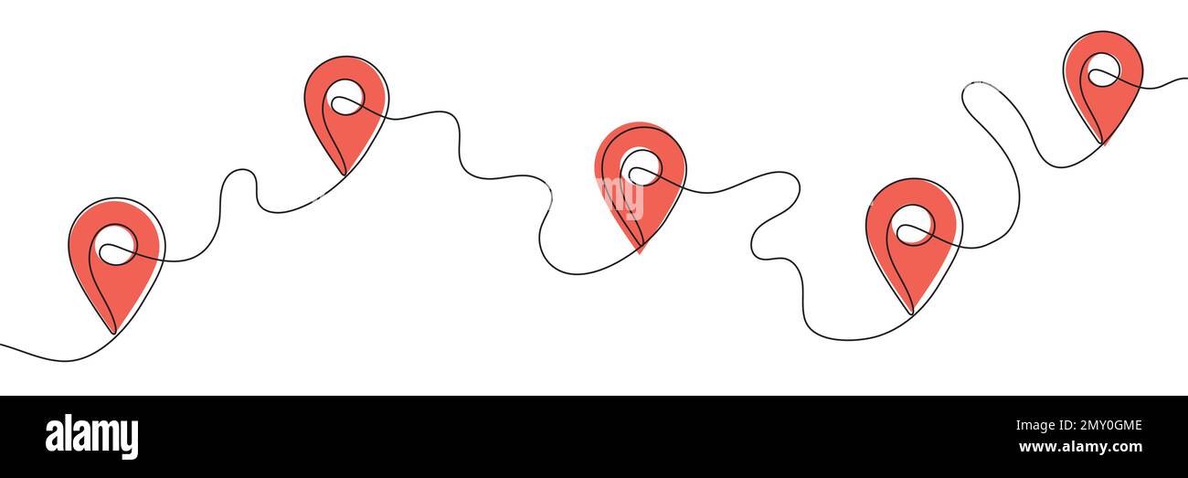 Continuous one-line drawing of red location markers on the map. Map pin ...