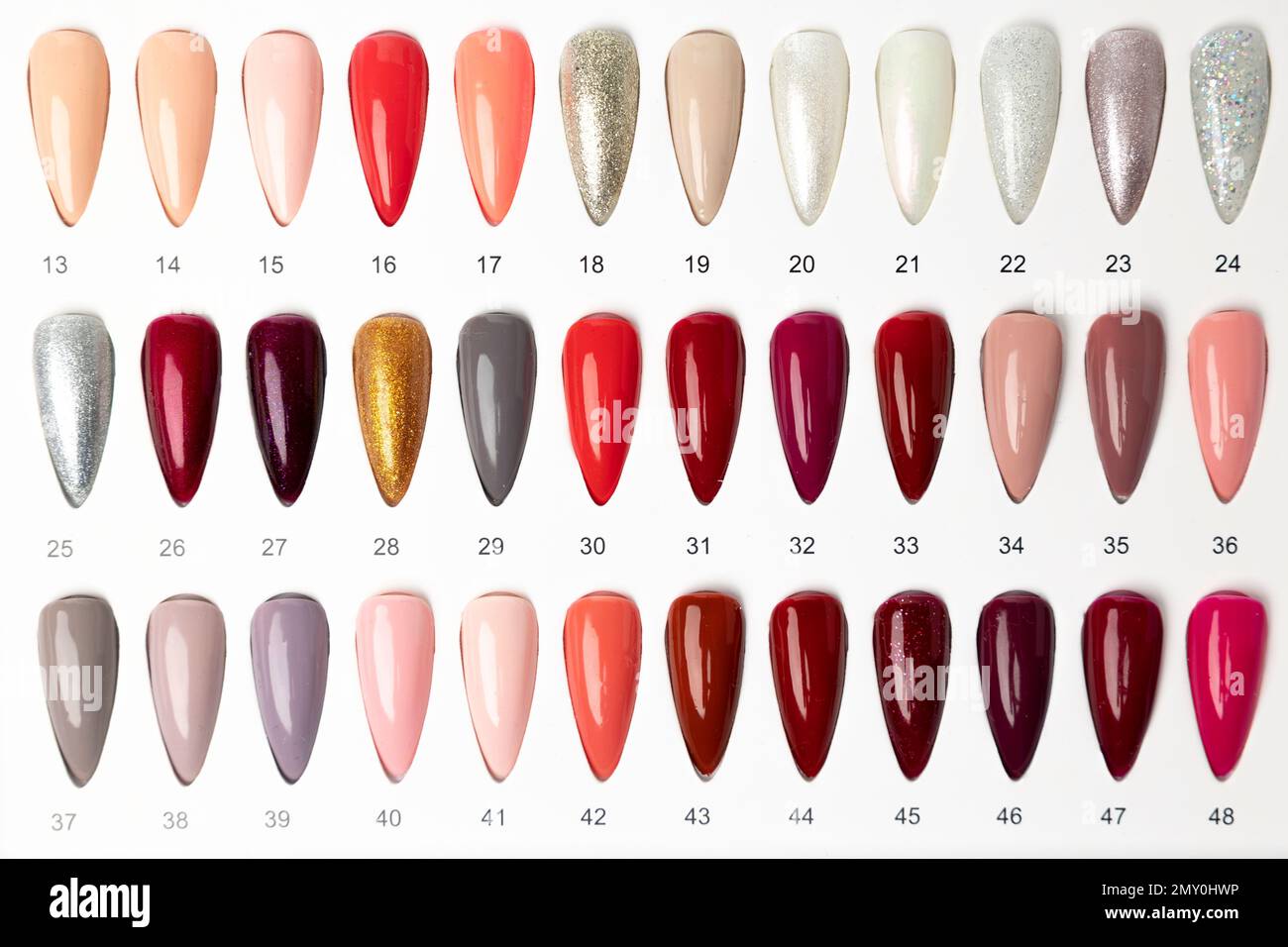 A top closeup of a set of polish colorful gels with numbers on the ...