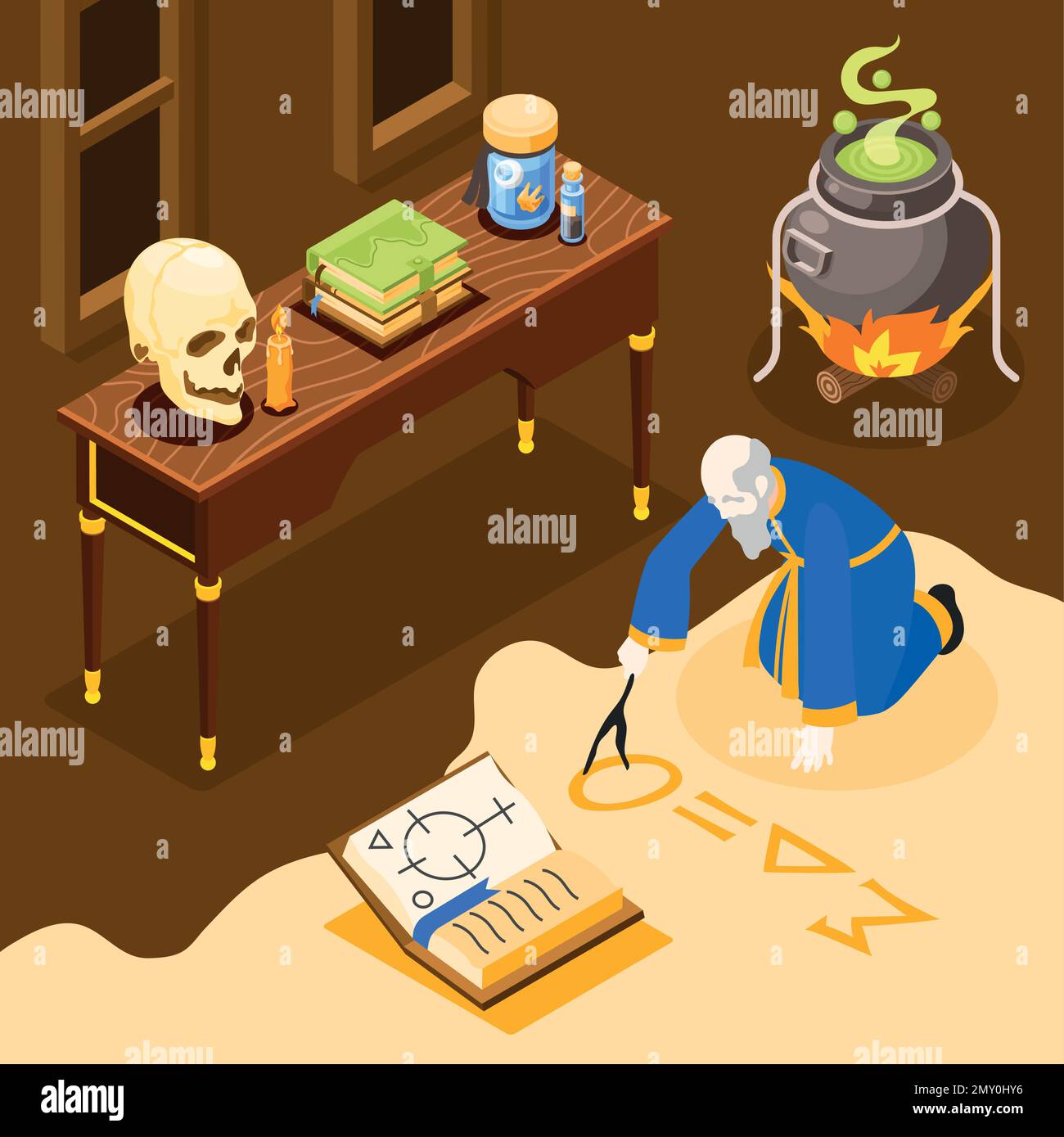 Alchemy isometric background with old alchemist drawing formula on ...