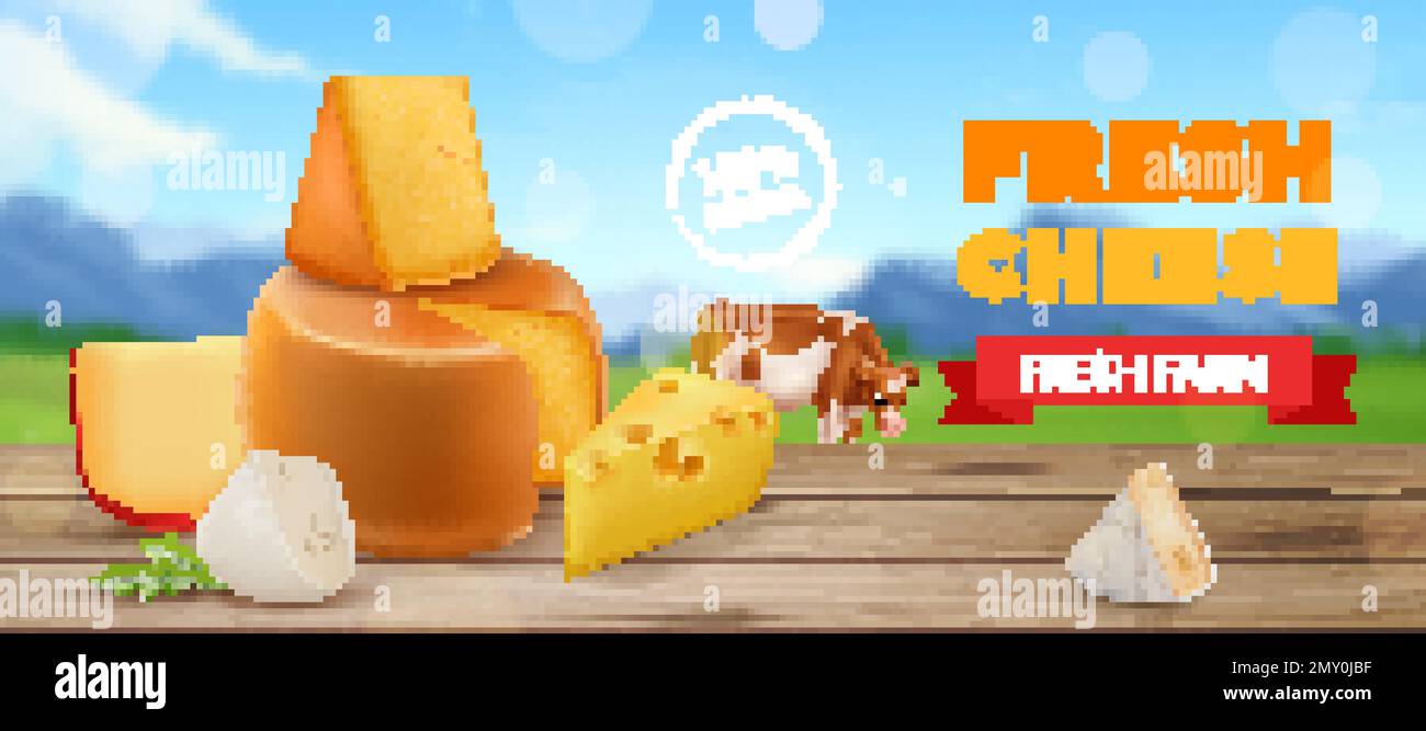 Realistic cheese ads horizontal poster fresh cheese fresh farm headline ...
