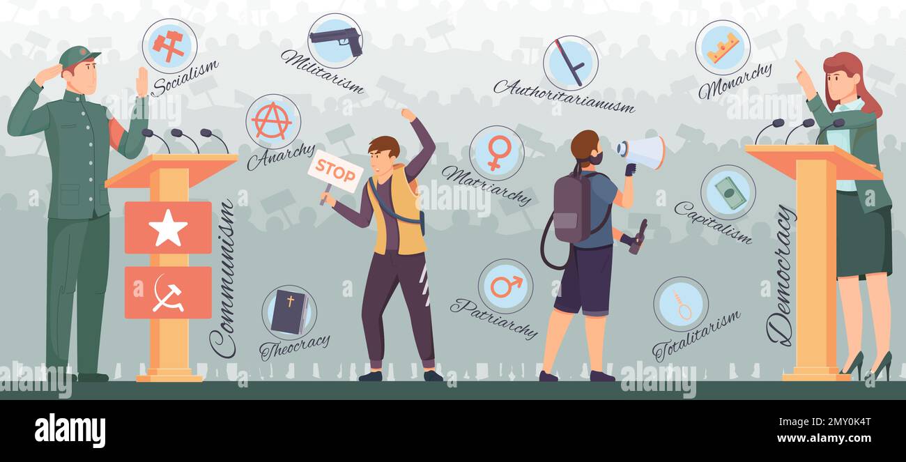 Government types abstract background with political system symbols flat ...