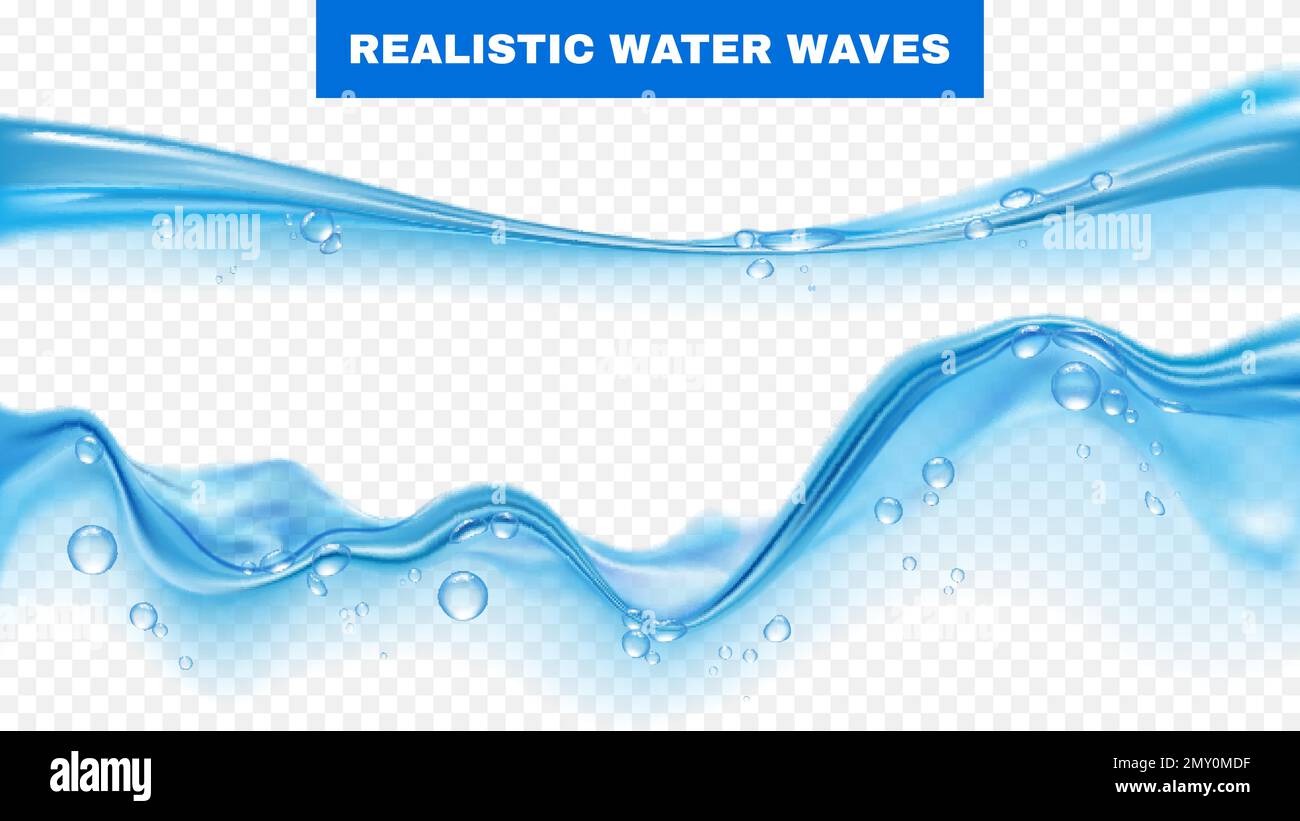 Realistic set of blue water waves with bubbles isolated on transparent background vector ...