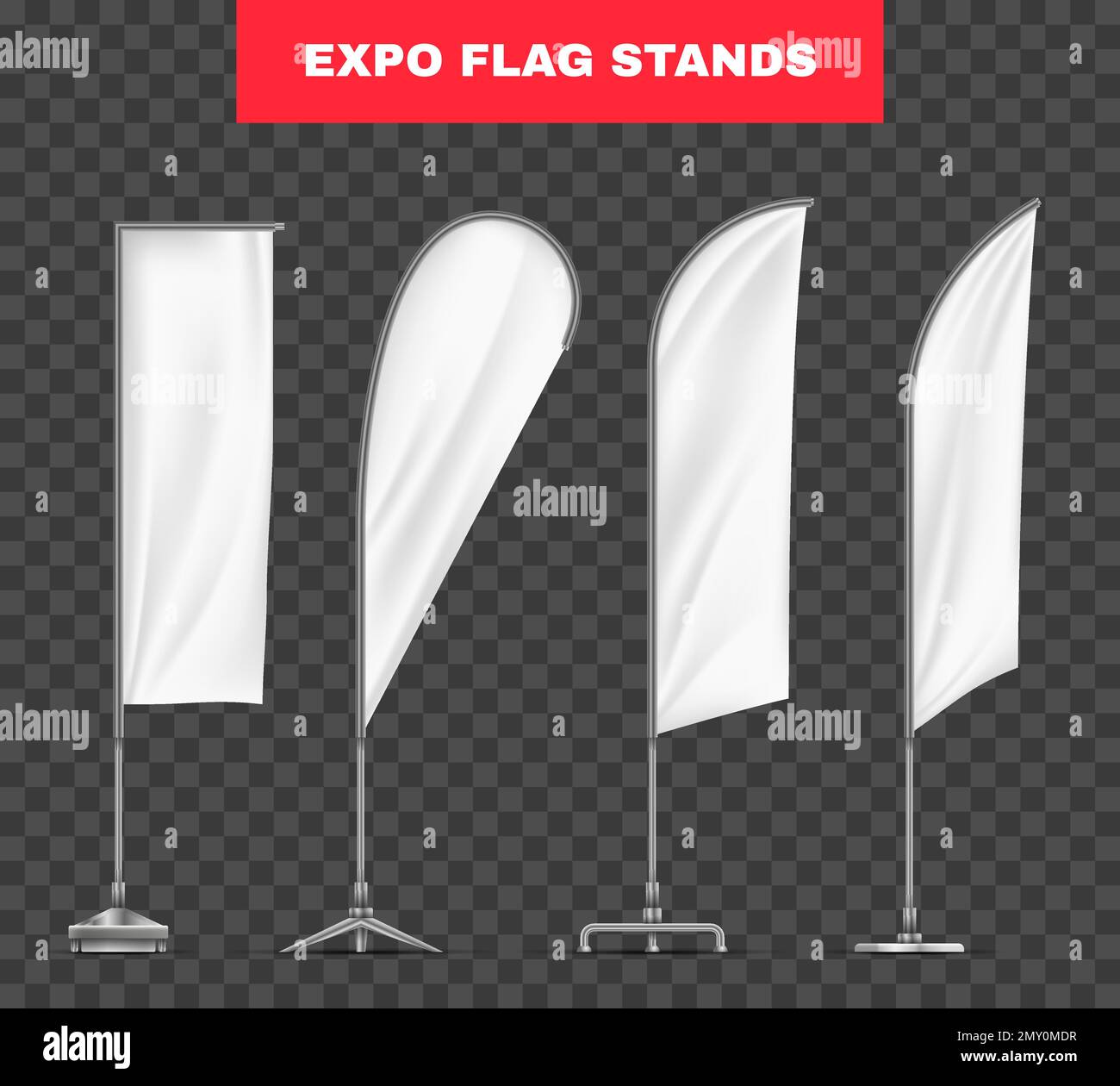 Blank white expo flags of different shapes on metal stands realistic set isolated on transparent ...