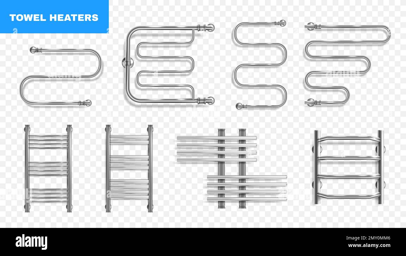 Realistic modern metal chrome heated towel rails set isolated against ...