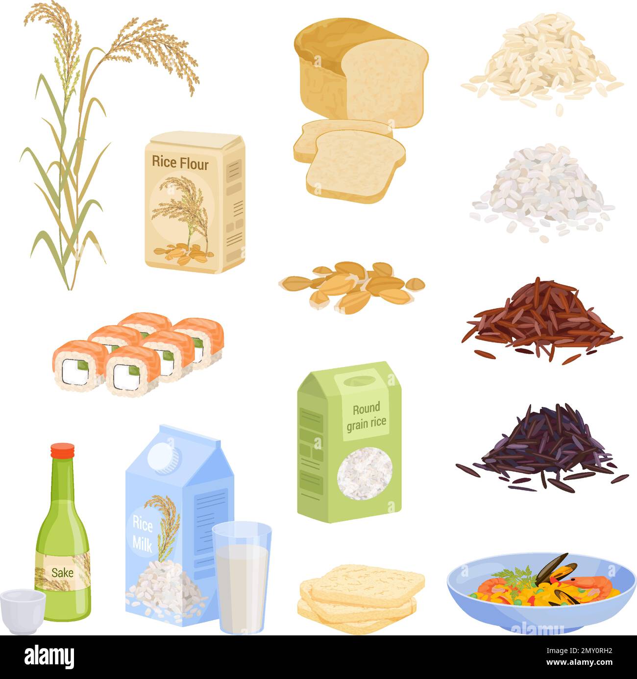 Rice products set with isolated icons and flat images of seed bread ...