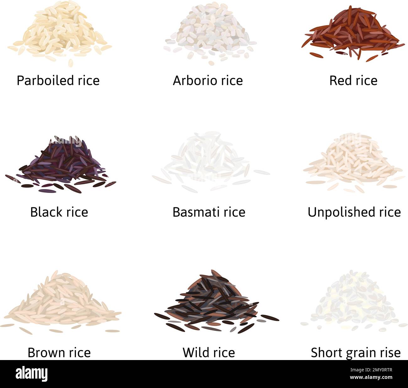 Rice types flat set of isolated images with piles of rice grits with ...