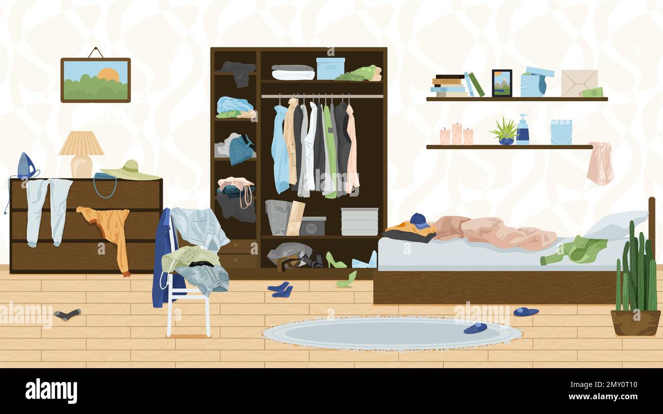 Messy room objects composition with flat indoor view of living room ...