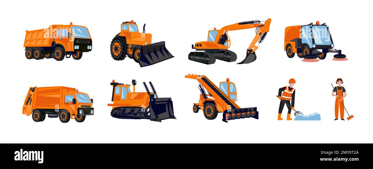 Municipal service road cleaning transport flat set of isolated images ...