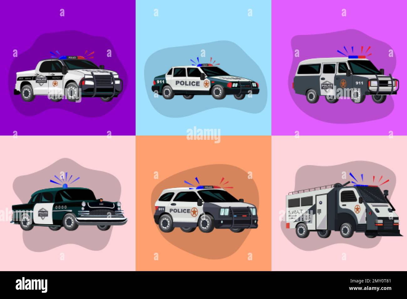 Police transport flat set with six square compositions and doodle style ...