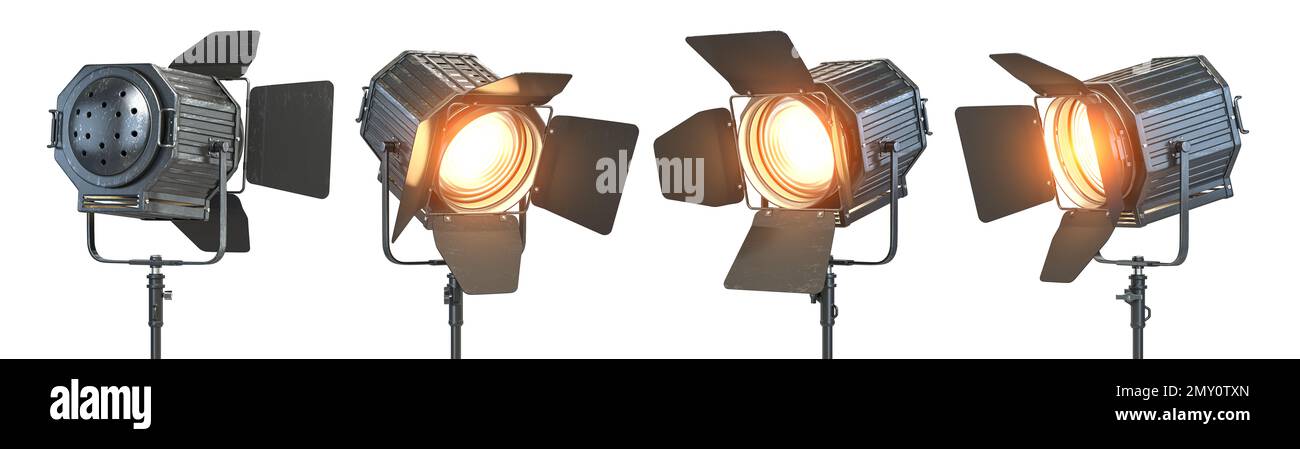 Set of illuminated spotlights isolated on white, lighting stage ...
