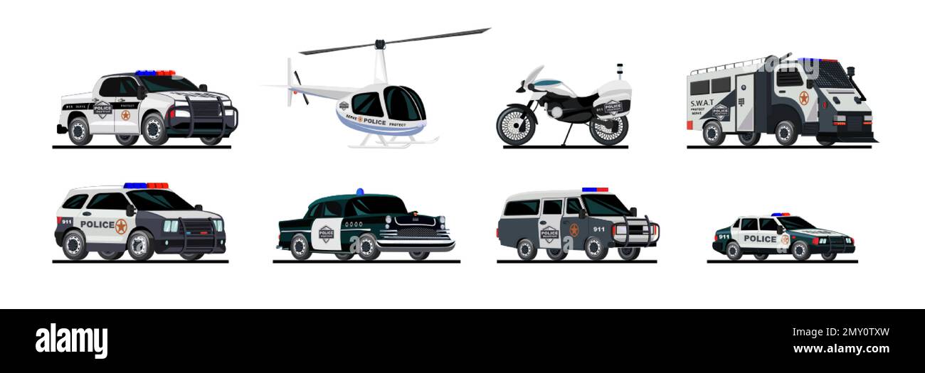Police transport flat set of isolated images with special vehicles vans ...