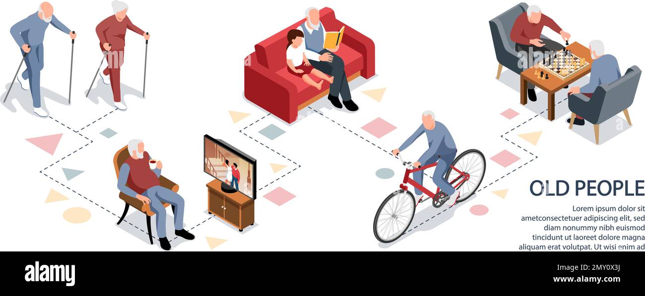 Isometric old people activity infographic with big headline and elderly ...