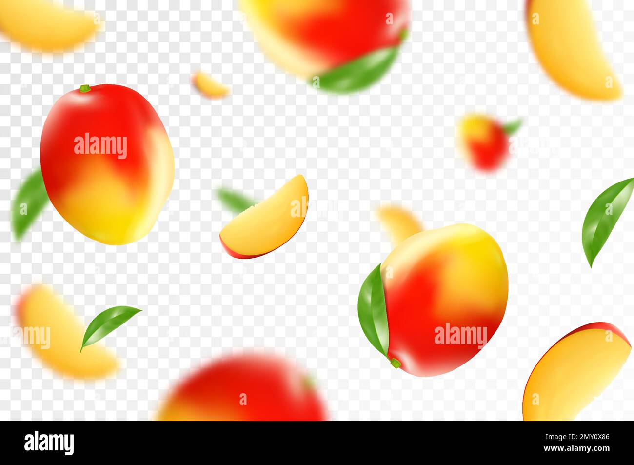 Mango background. Flying mango with green leaves and slices of mango ...