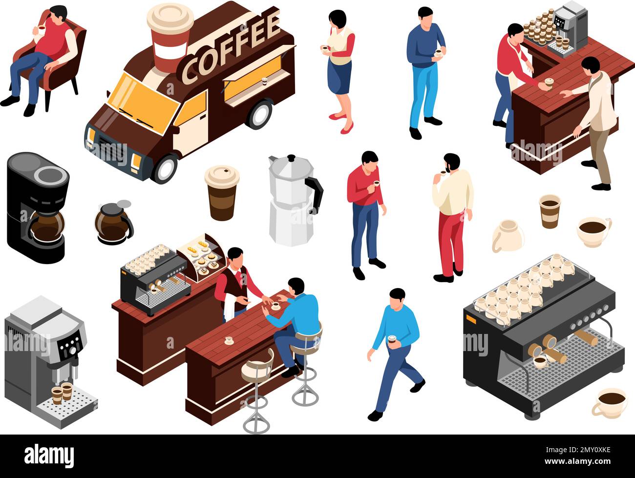 Isometric coffee icon set coffee truck customers barista coffee machine ...