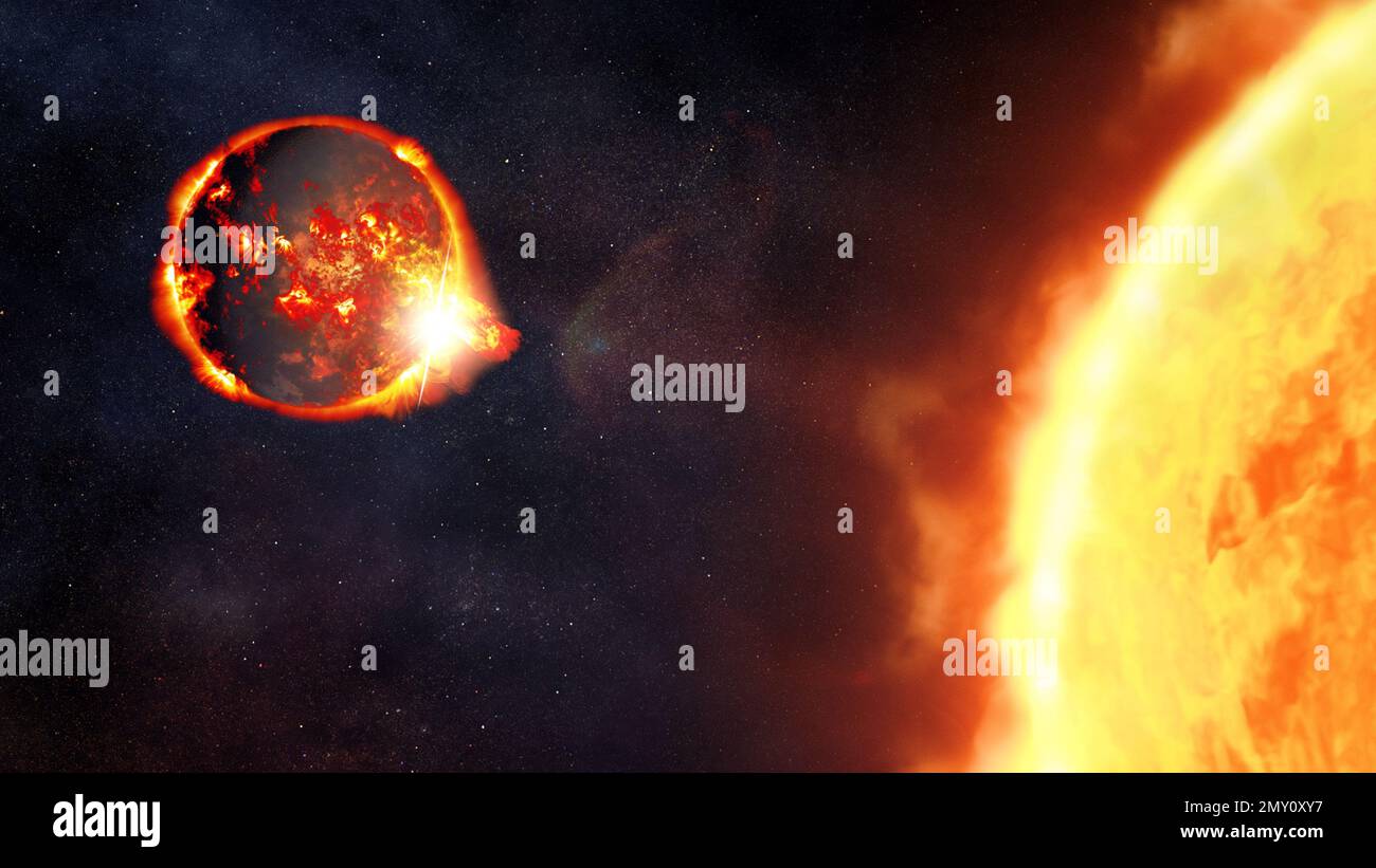 Apocalyptic abstract background with a burning planet next to the Sun ...