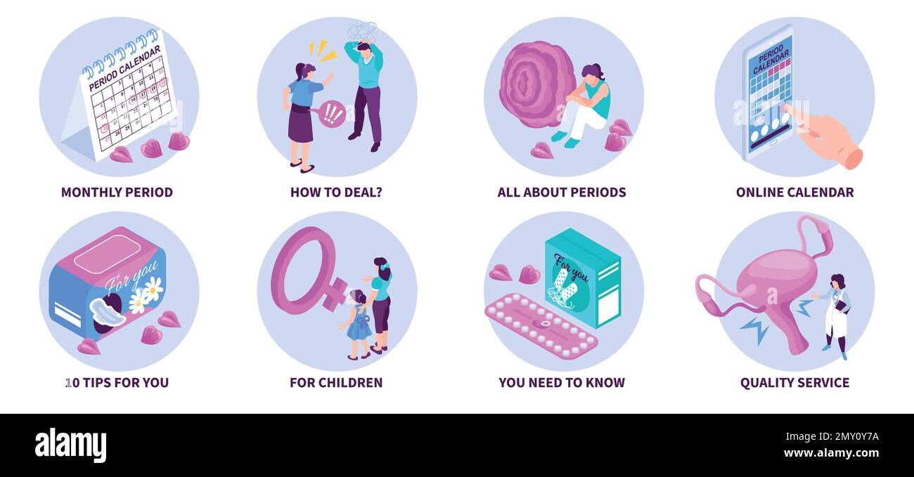 Menstrual cycle compositions set with period symbols isometric isolated ...
