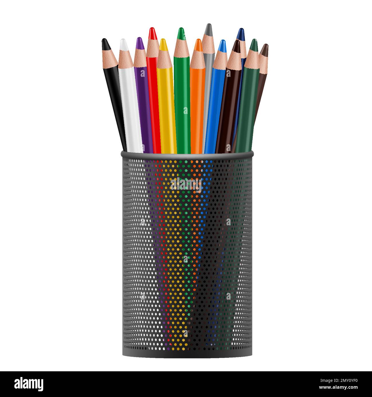 Black metal pencil cup filled with colorful used pencils, isolated on a ...