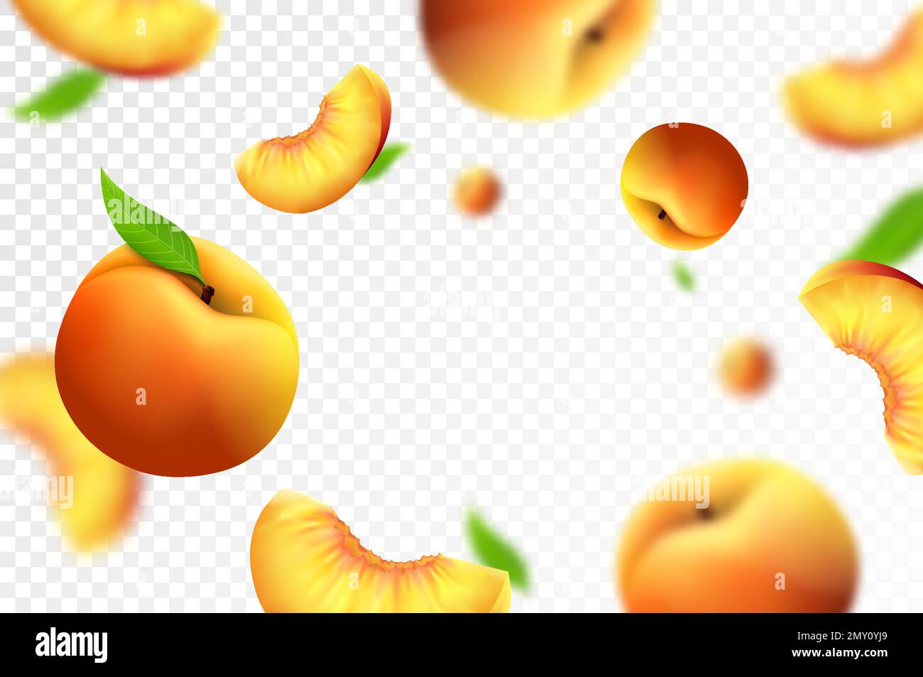 Peach background. Flying whole and slices of peach with blurry effect ...