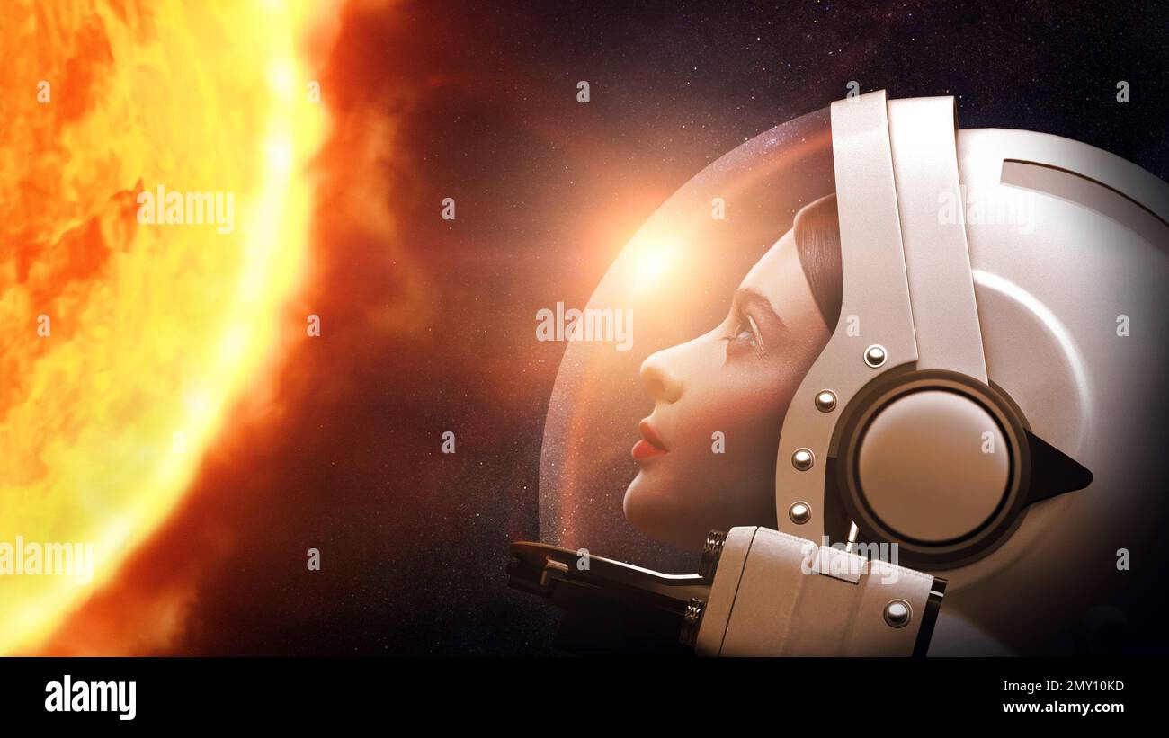 Woman astronaut against Sun planet in outer space. Elements of this ...