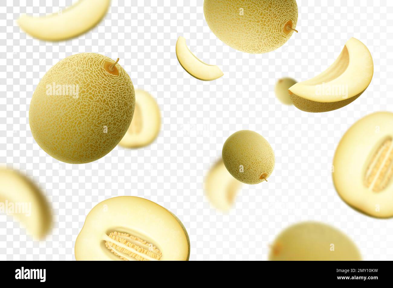 Melon background. Flying whole and sliced melon fruits with blurry ...