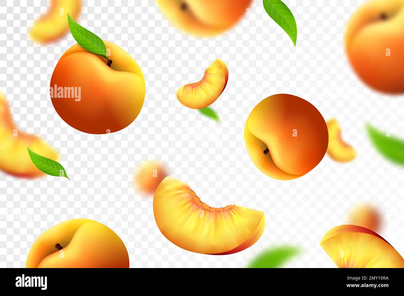 Peach background. Flying whole and slices of peach with blurry effect ...