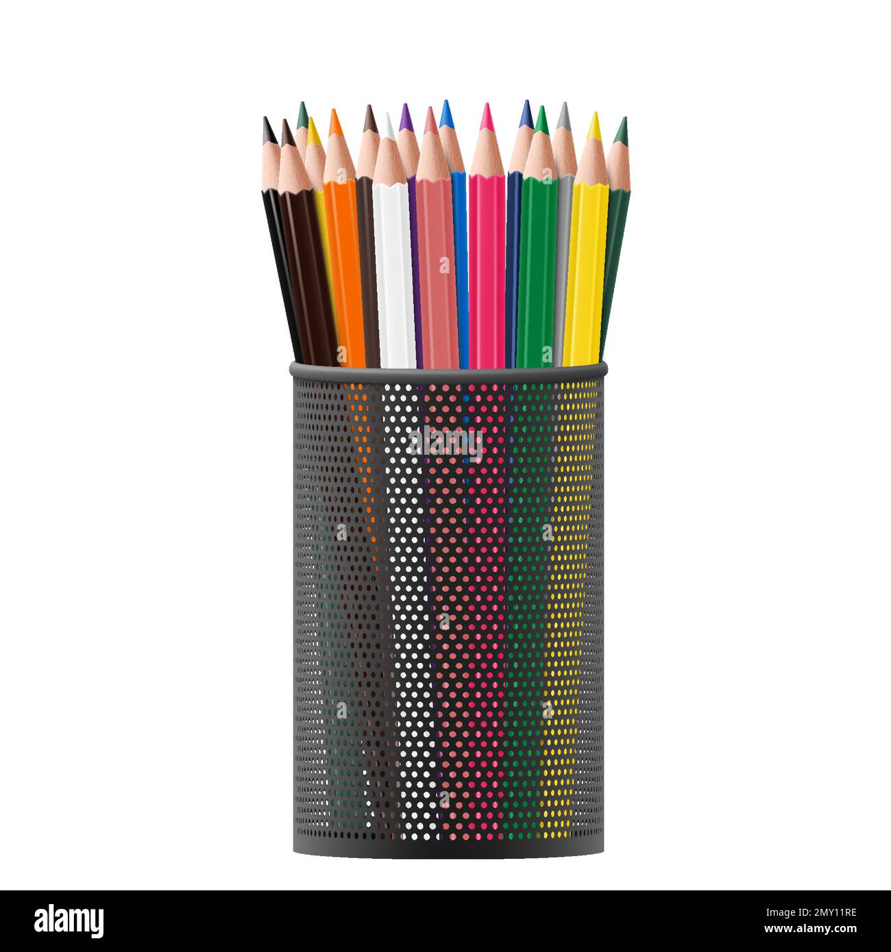 Black metal pencil cup filled with colorful used pencils, isolated on a ...