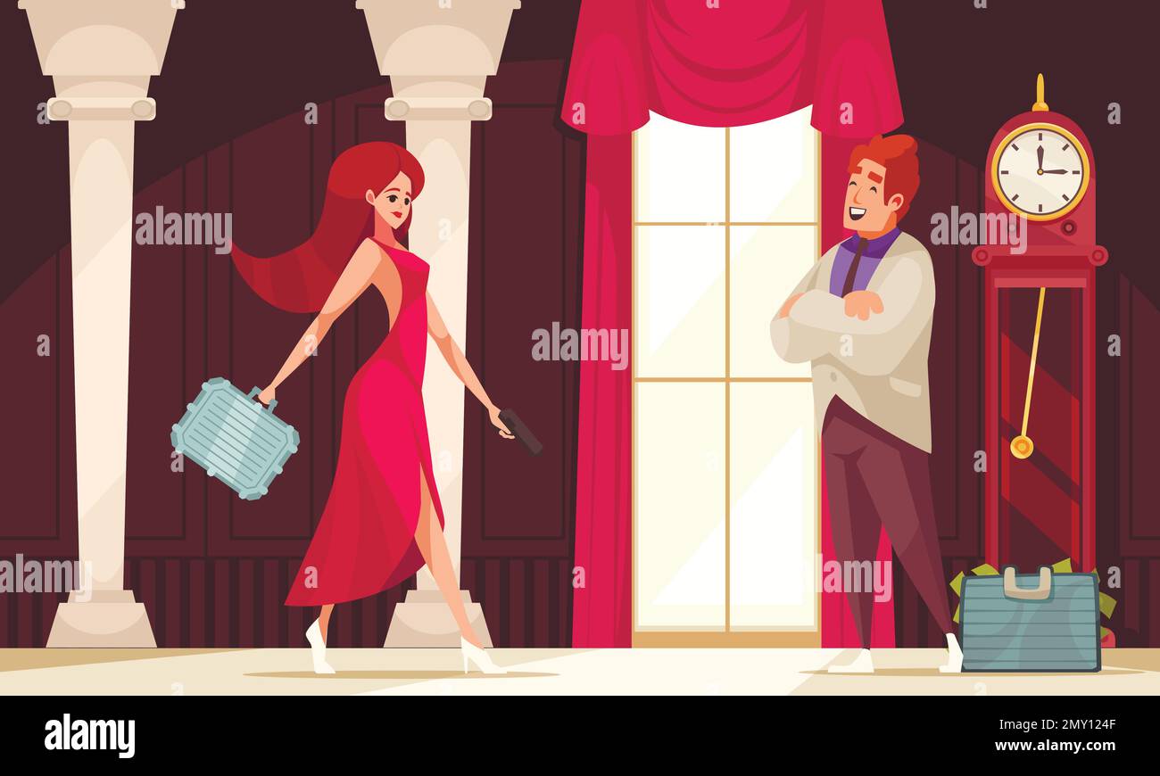 Super agents concept with beautiful female with gun and suitcase ...