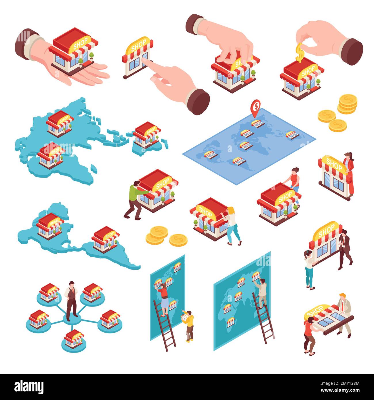 Isometric franchise set of isolated icons with human characters moving ...