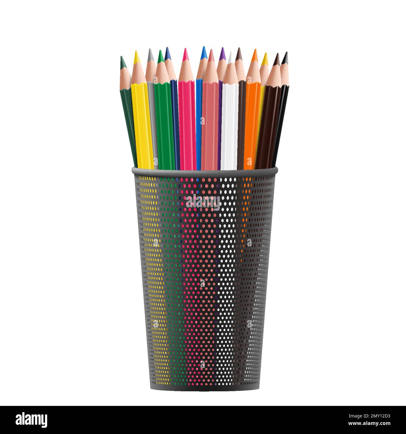 Black metal pencil cup filled with colorful used pencils, isolated on a ...