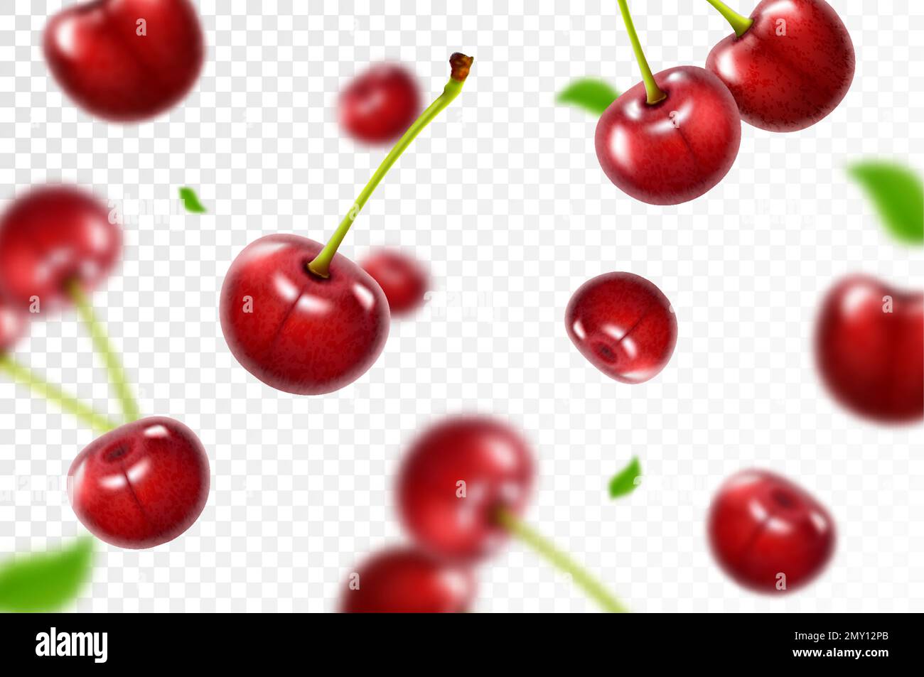Cherry background. Flying berries with blurry effect. Red cherries ...
