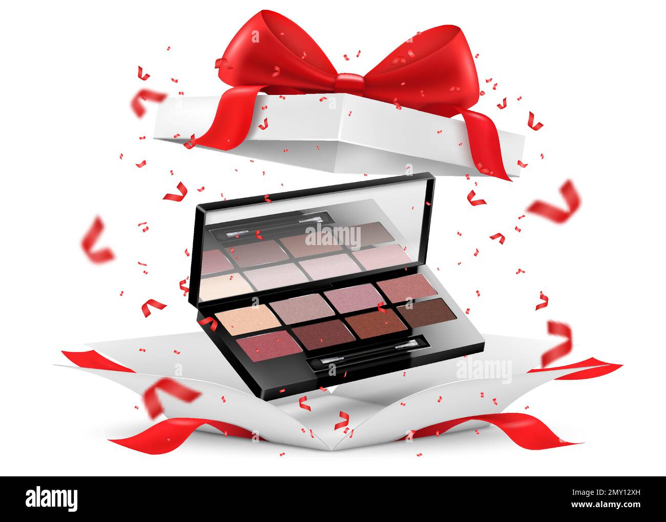 Make-up eyeshadow palette or blush kit inside open gift box, isolated ...