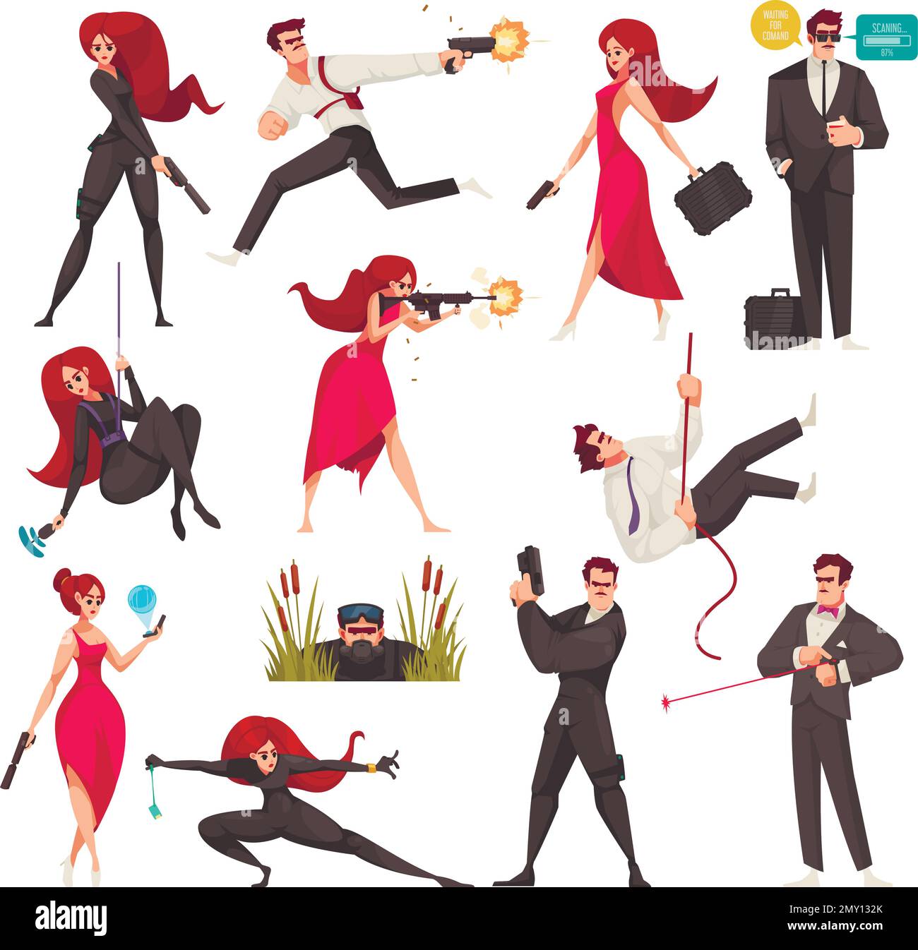 Secret agents cartoon icons set with male and female super heroes ...